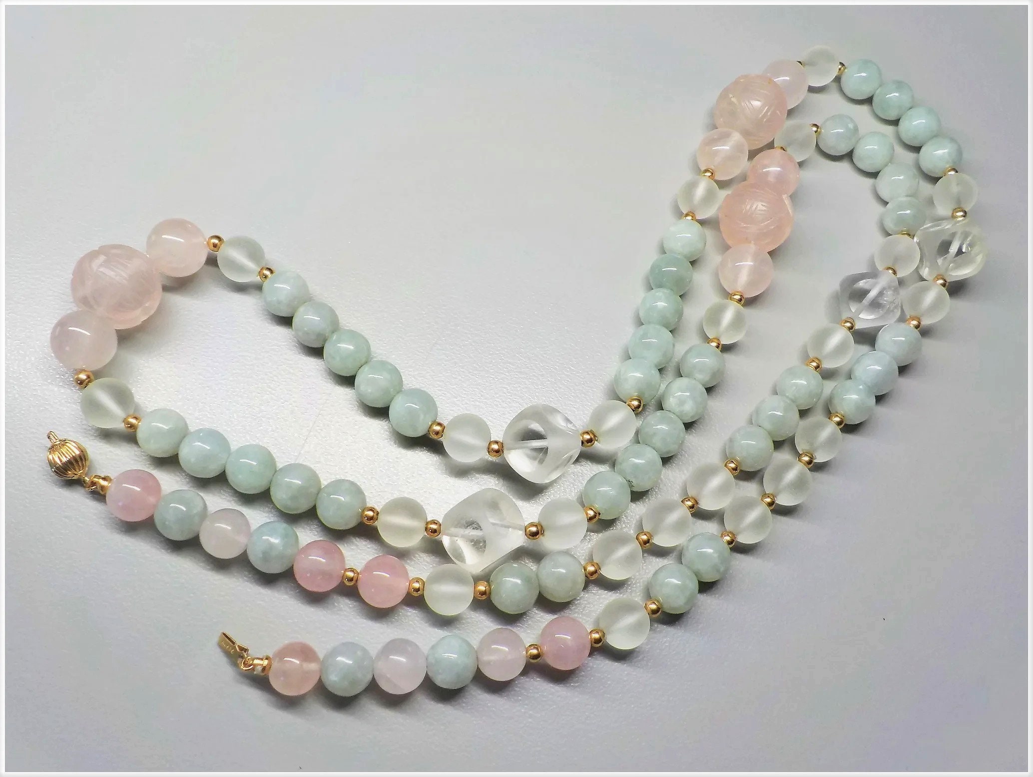 14k Green Jadeite Jade Rock Crystal Quartz Rose Quartz 33" Necklace - Etsy