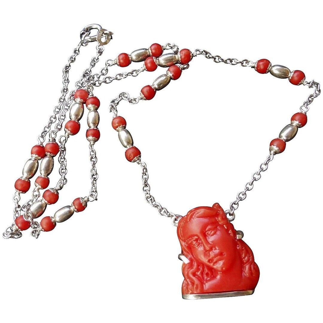 Vintage Italian Carved Red Coral Goddess Flora Cameo Pendant Sterling ...
