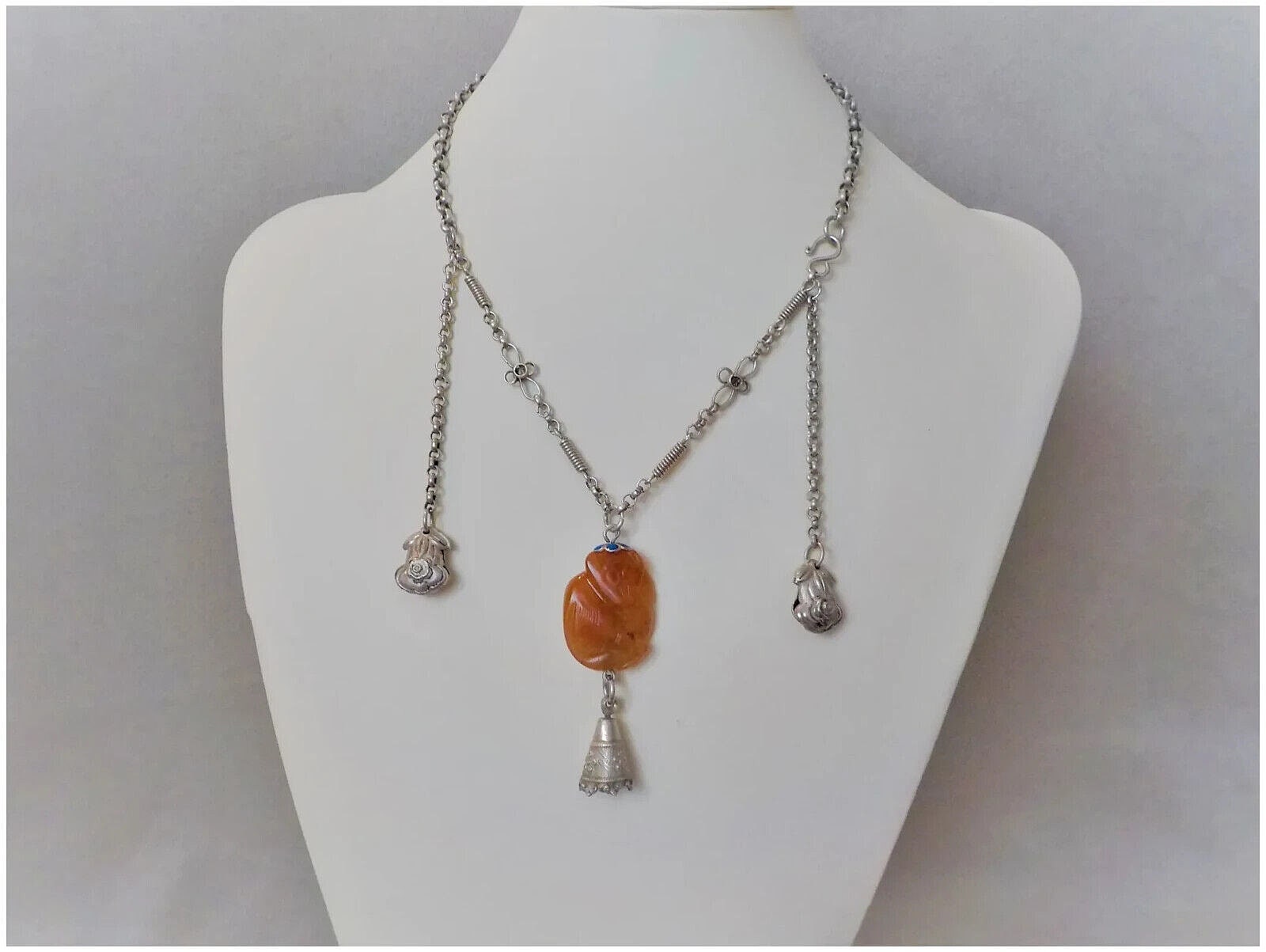 Vintage Chinese Carved Carnelian Monkey Pendant Rolo Chain Necklace ...