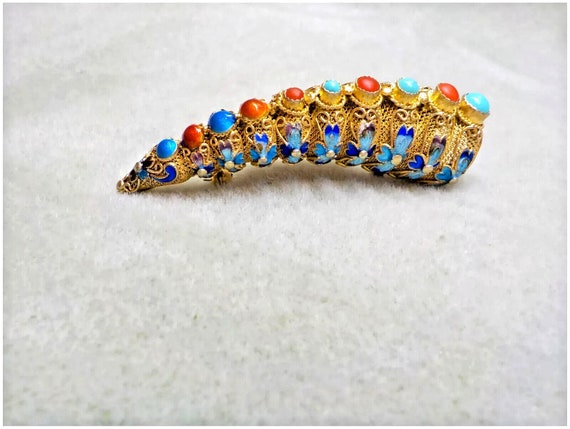 Vintage Chinese Finger Guard Red Coral Turquoise Verm… - Gem