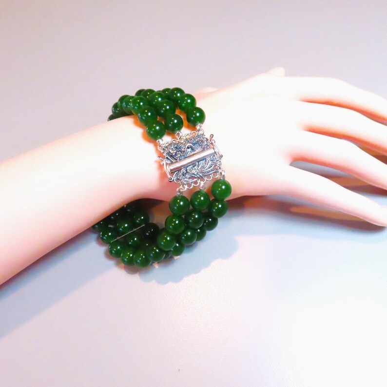 Genuine Green Nephrite Jade Multi Three Strand Bracelet Oxidized ...