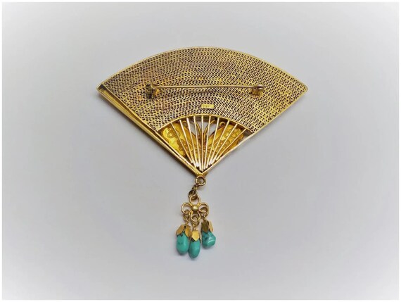 Vintage Chinese Turquoise Enamel Filigree Fan Brooch - Gem