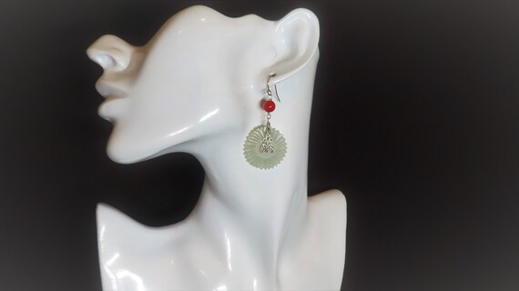 Vintage Chinese Celedon Nephrite Jade Red Coral Earri… - Gem