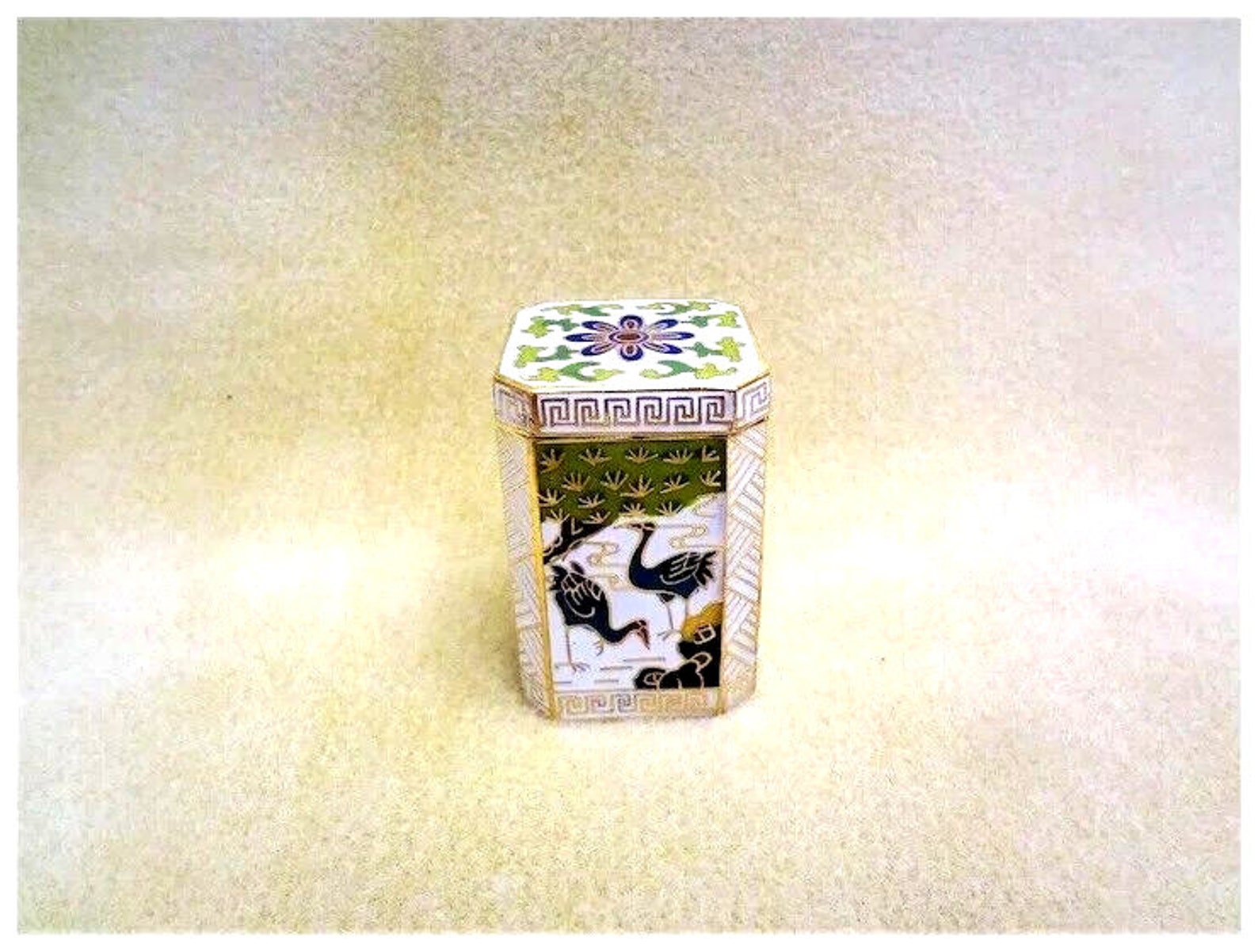 Vintage 1970'S Chinese Octagonal White Cloisonne Blue Cranes Trinket ...