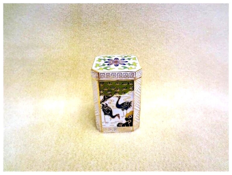 Vintage 1970'S Chinese Octagonal White Cloisonne Blue Cranes Trinket ...