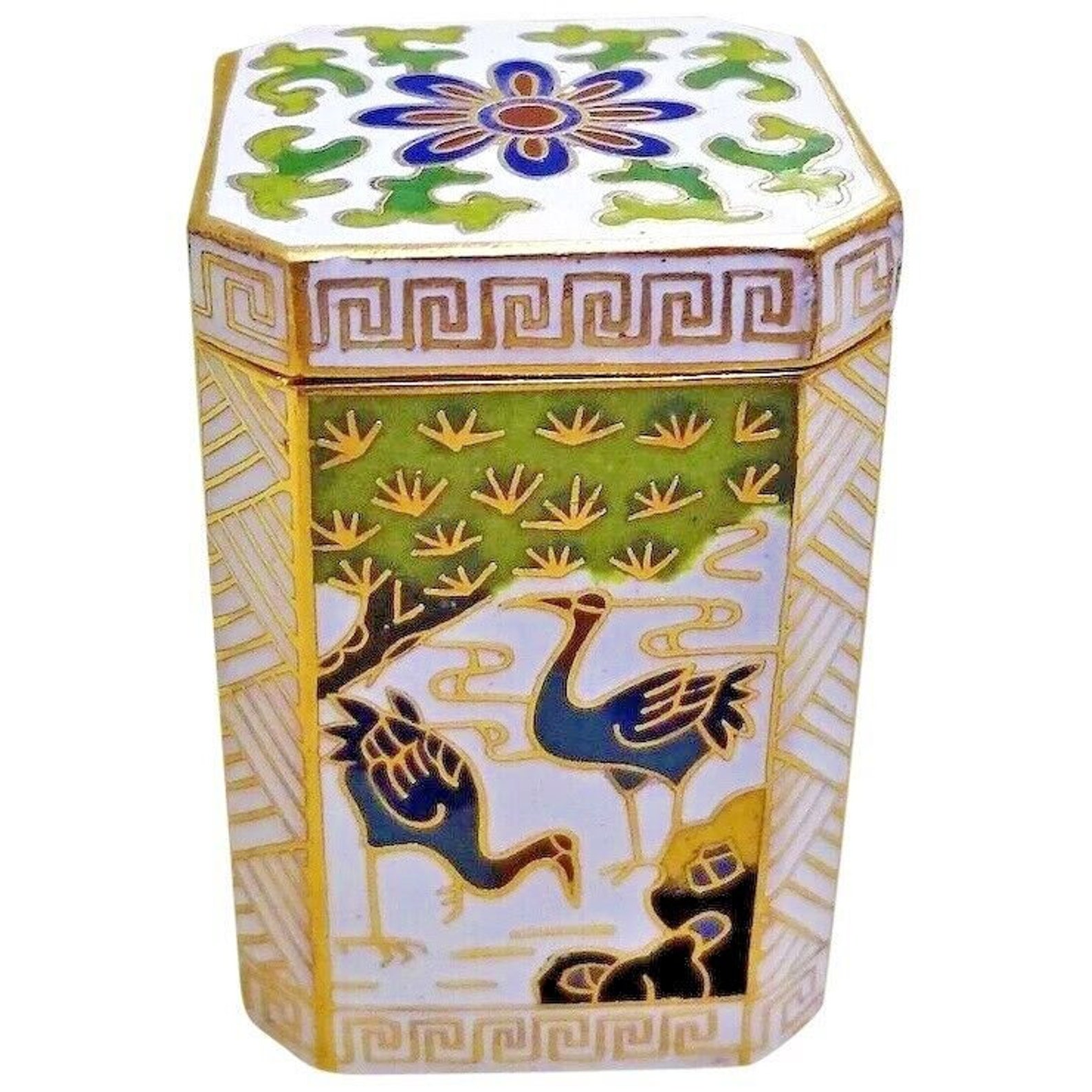 Vintage 1970'S Chinese Octagonal White Cloisonne Blue Cranes Trinket ...