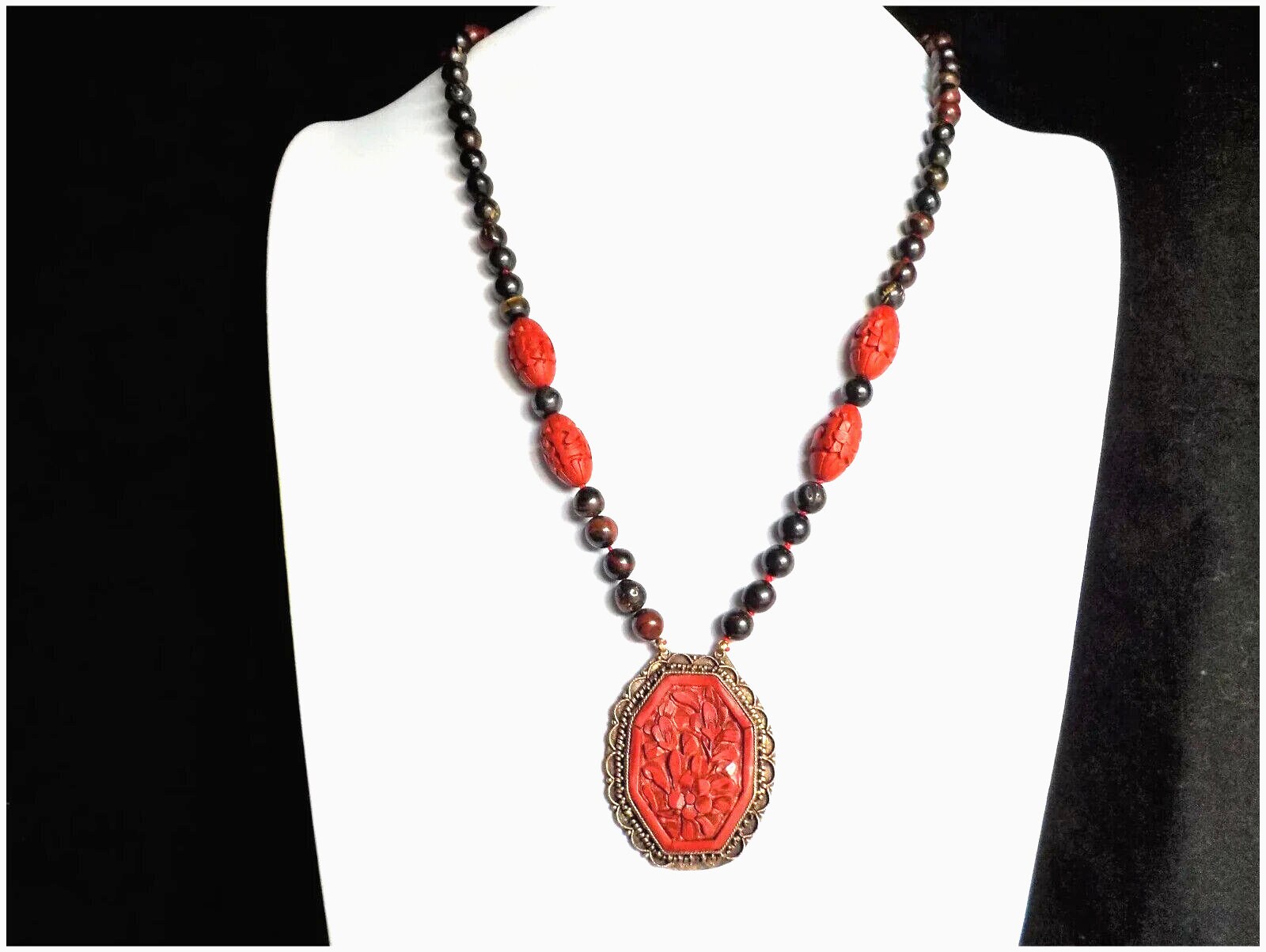 Vintage Chinese Export Red Cinnabar Jasper Pendant Necklace - Etsy