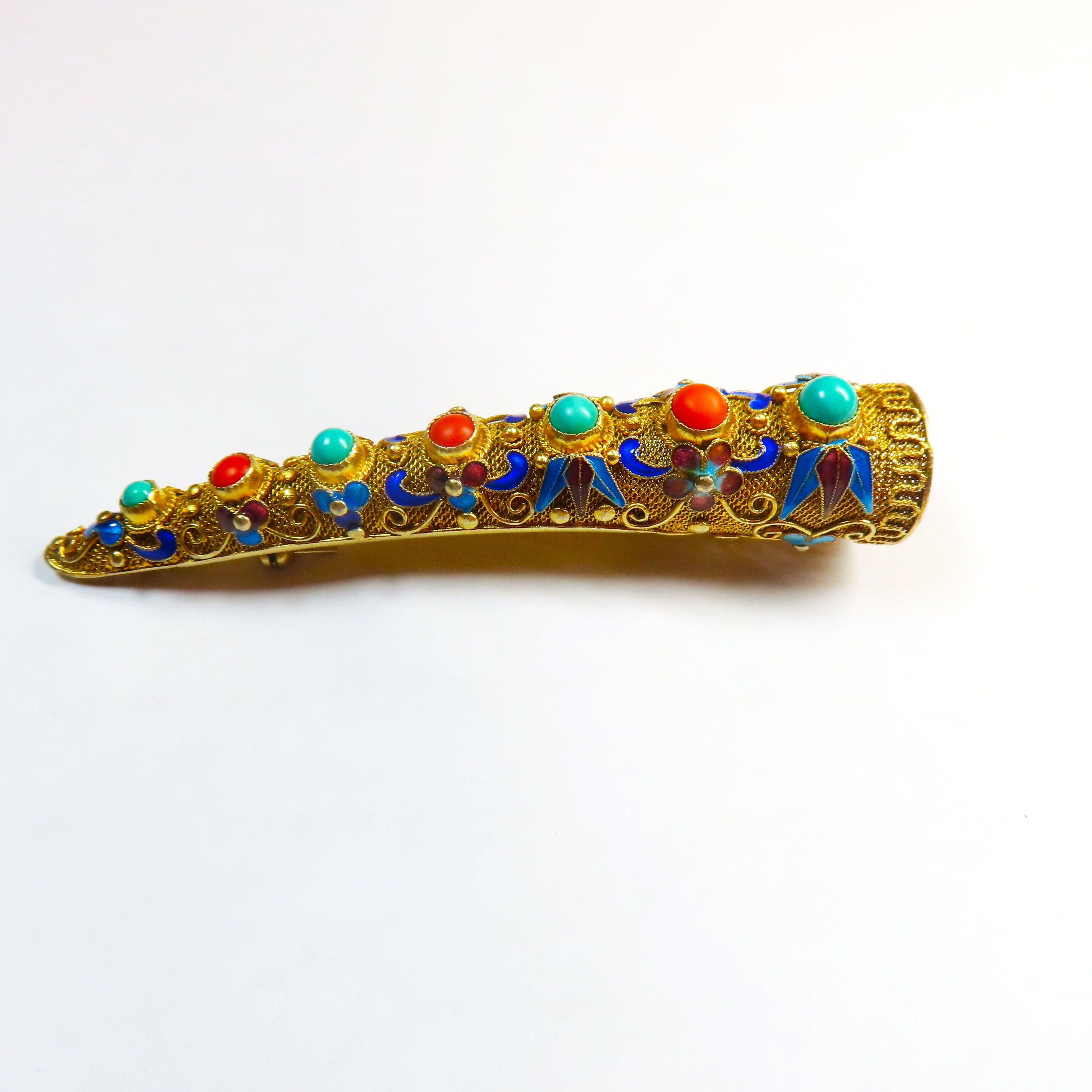 Vintage Chinese Art Deco Red Coral Turquoise Gold Vermeil Enamel ...