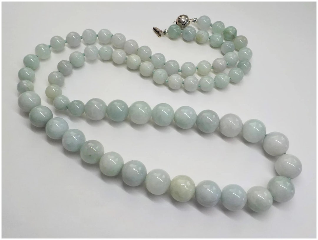 Chinese Green Translucent Jadeite Jade Beaded Necklace Sterling Clasp ...