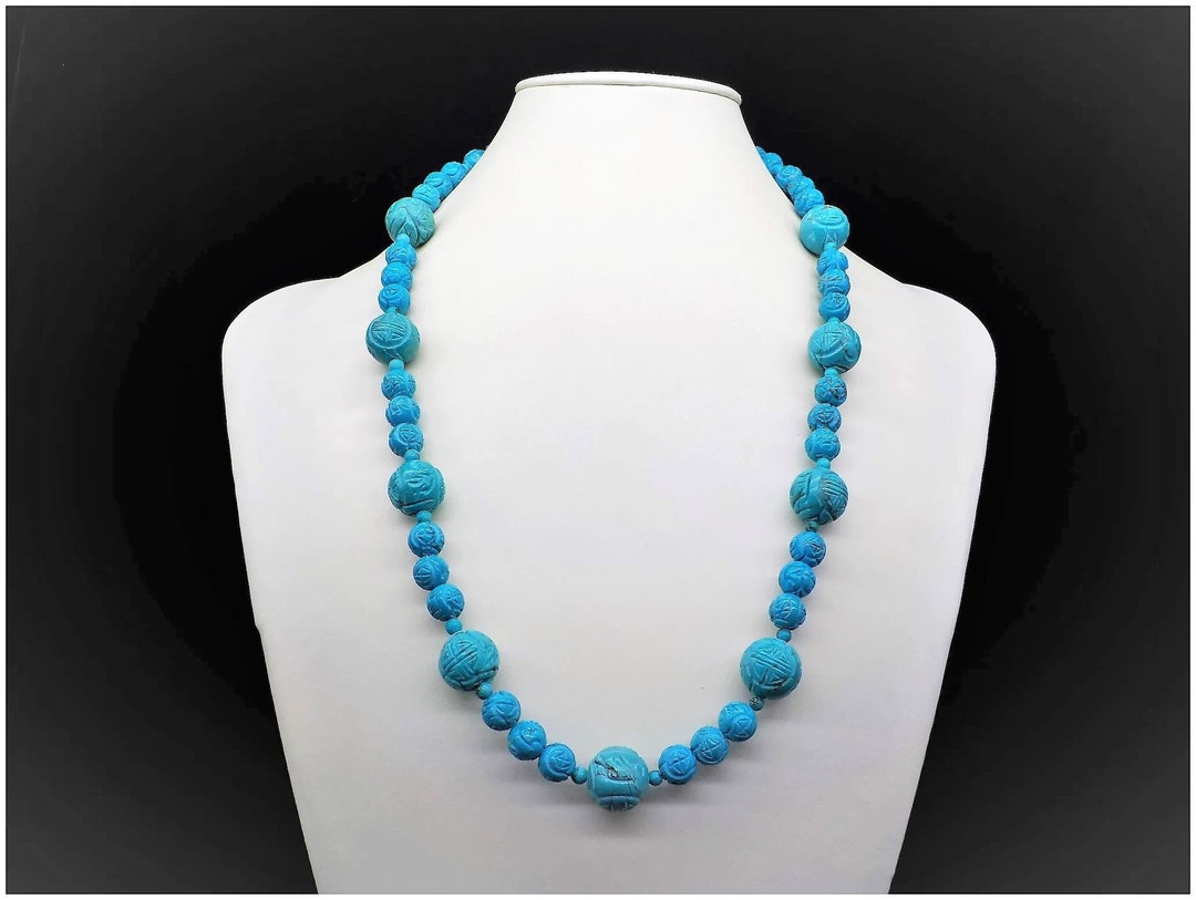 Vintage Chinese Large Hand Carved Shou Longevity Genuine Turquoise ...