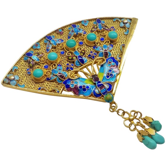 Vintage Chinese Turquoise Enamel Filigree Fan Brooch - Gem