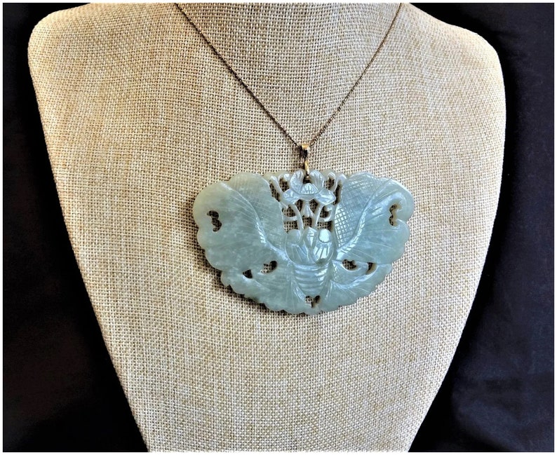 Chinese Carved Nephrite Jade Moth Pendant 3.75" Wide With 14k Gold Bail ...