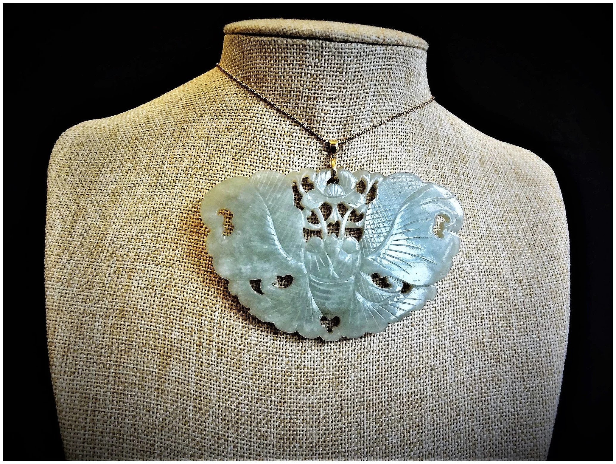 Chinese Carved Nephrite Jade Moth Pendant 3.75 Wide With 14k Gold Bail ...