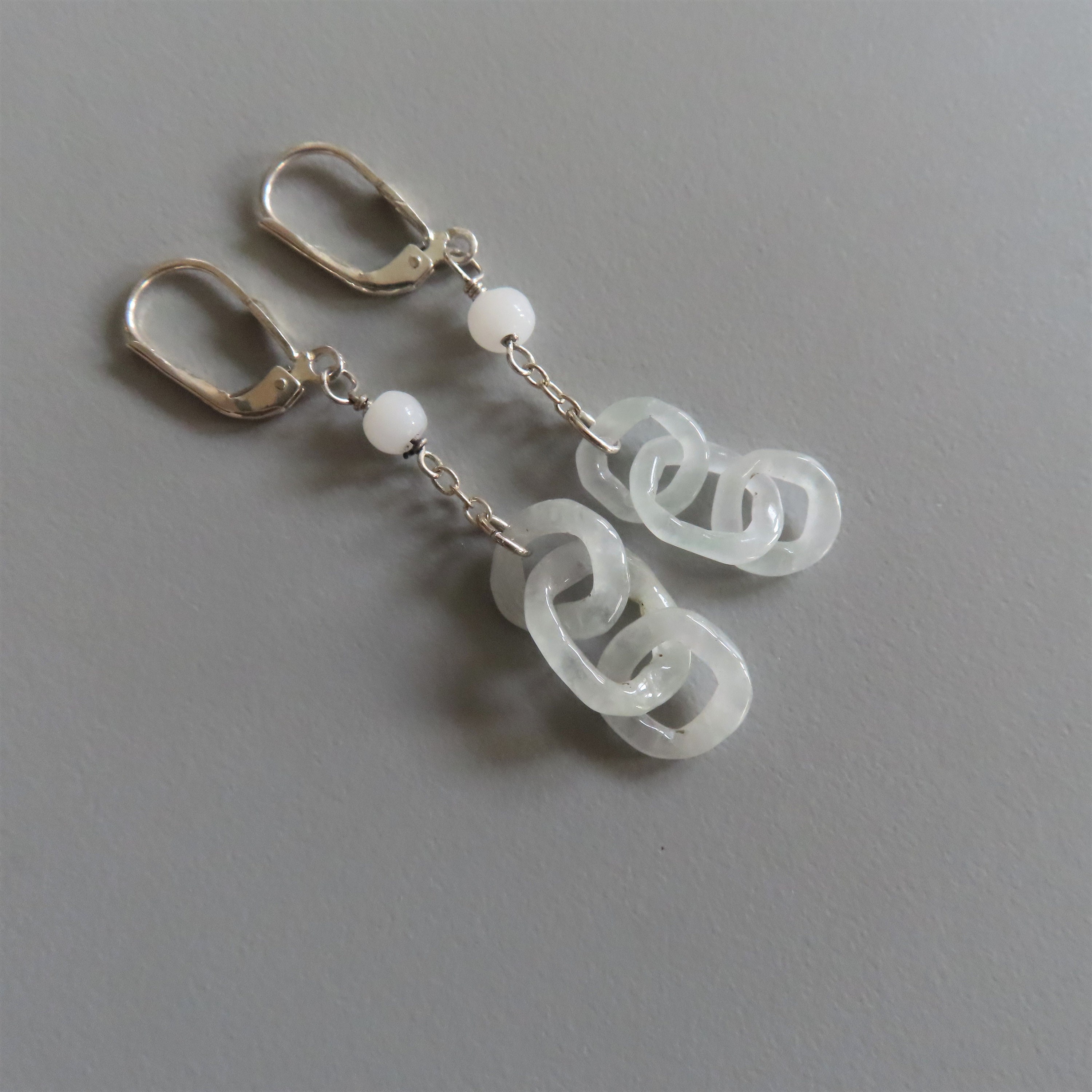 Vintage Chinese Devil's Work White Jadeite Jade Sterling Leverback ...