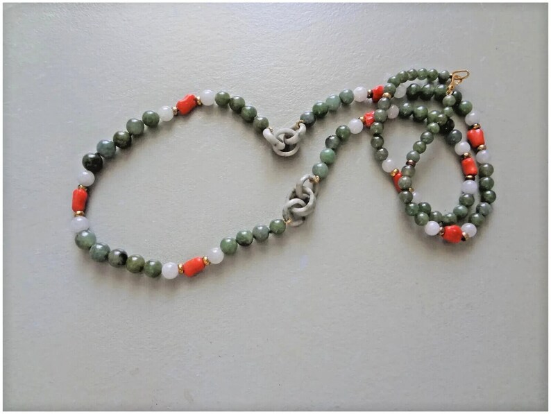 Vintage Chinese Red Coral Green Jadeite Devil's Work 10k Gold Beaded ...