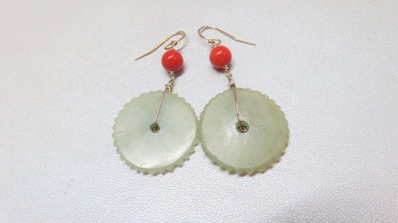 Vintage Chinese Celedon Nephrite Jade Red Coral Earri… - Gem