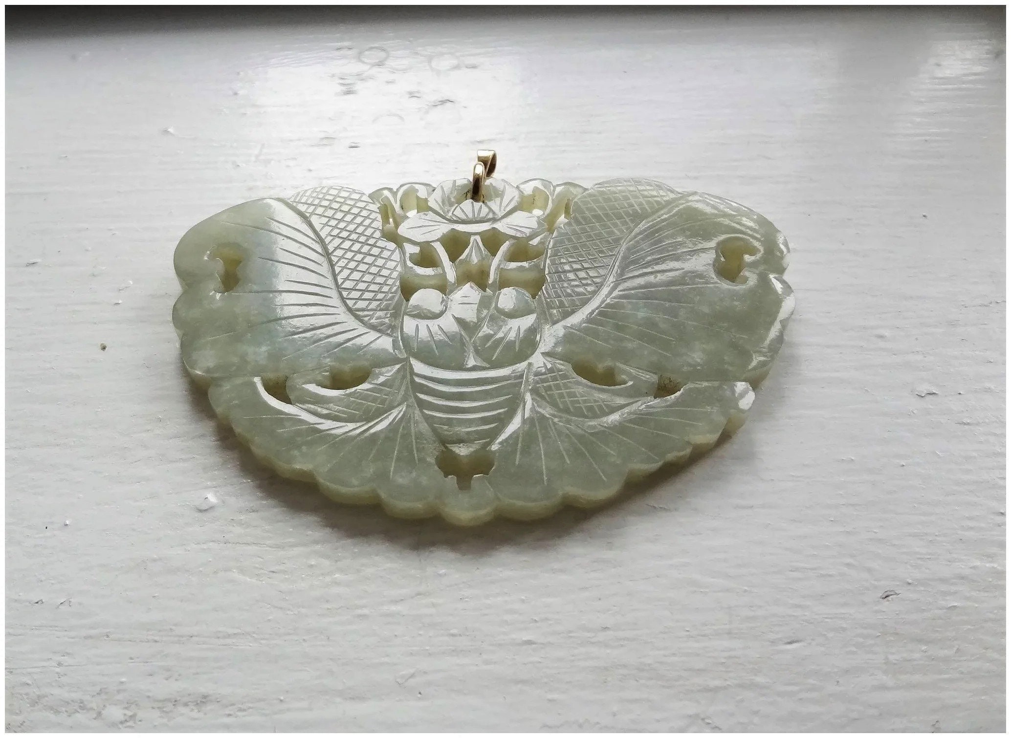 Chinese Carved Nephrite Jade Moth Pendant 3.75 Wide With 14k Gold Bail ...