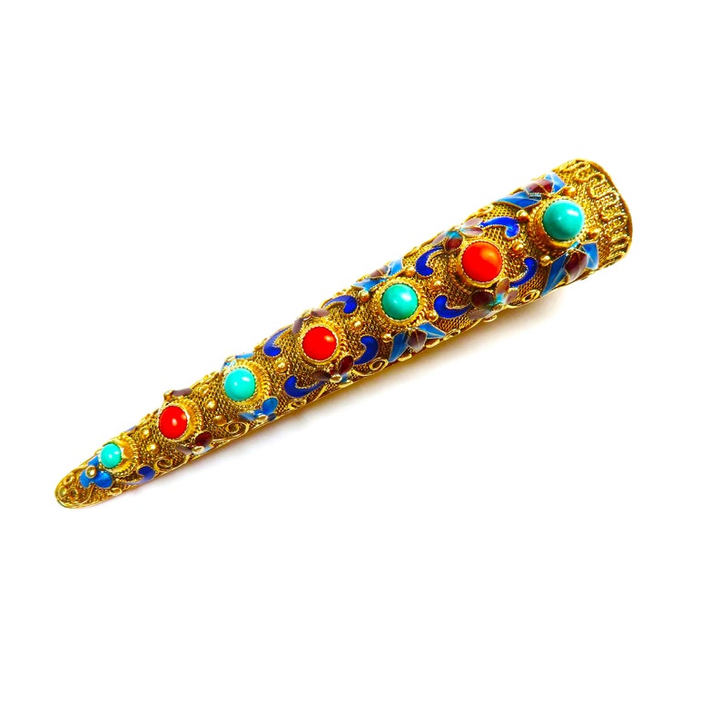 Vintage Chinese Art Deco Red Coral Turquoise Gold Vermeil Enamel ...