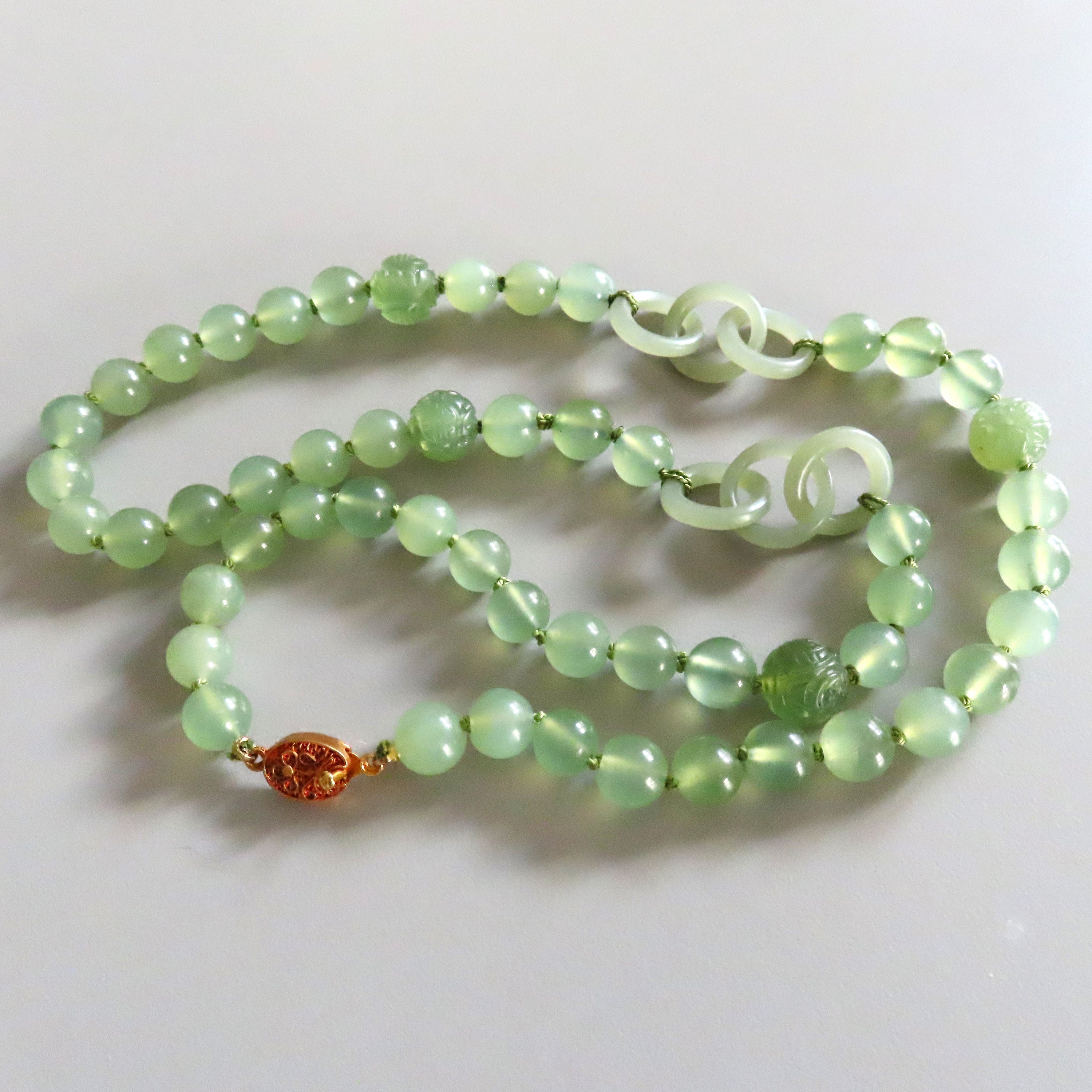 Vintage Chinese Green Translucent Jade Shou Devil's Work Necklace ...