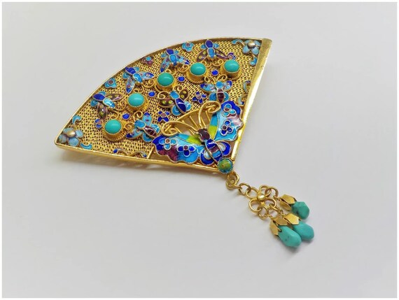 Vintage Chinese Turquoise Enamel Filigree Fan Brooch - Gem