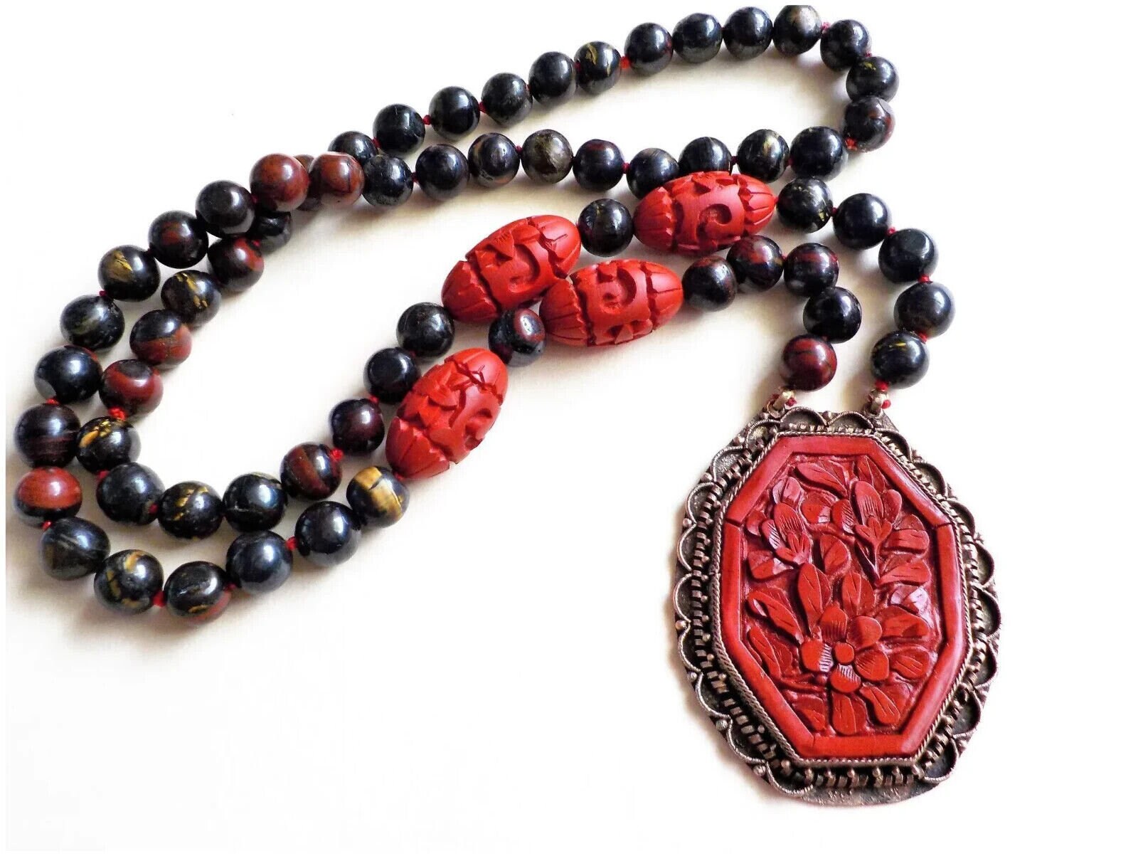 Vintage Chinese Export Red Cinnabar Jasper Pendant Necklace - Etsy