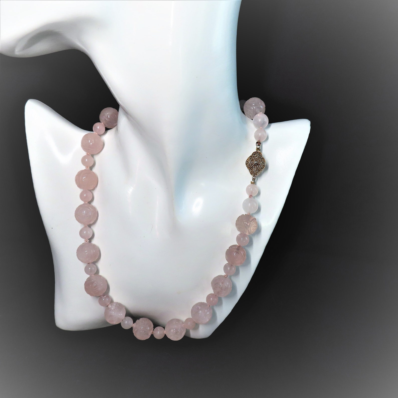 Vintage Chinese Hand Carved Shou Design Rose Quartz Beaded Choker ...