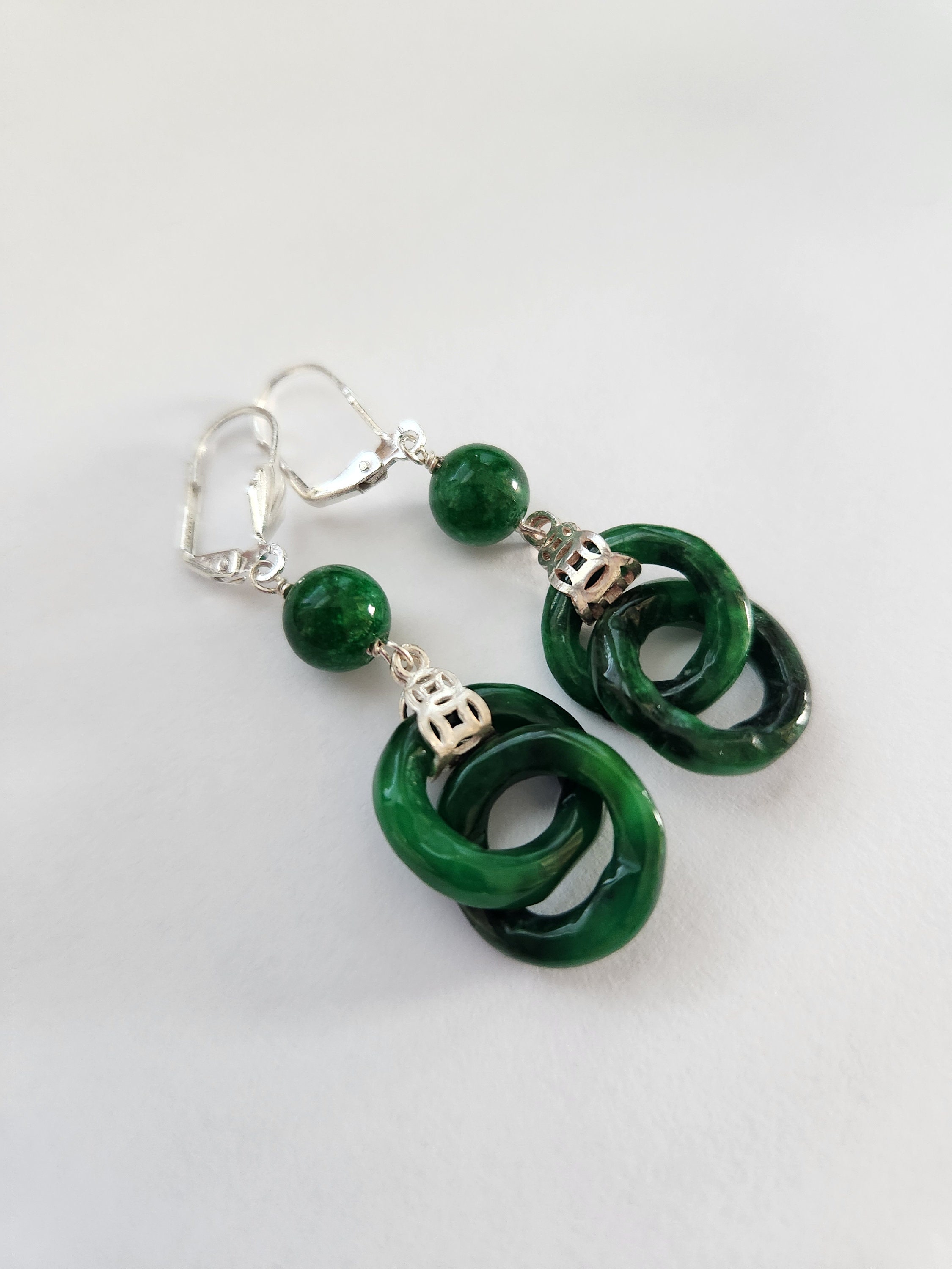 Chinese Hand Carved Imperial Green Jadeite Jade Devil's Work Sterling ...