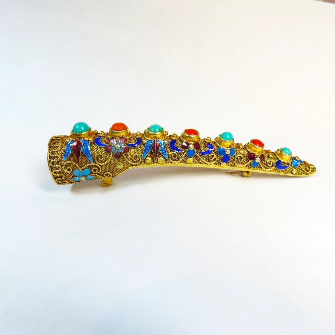 Vintage Chinese Art Deco Red Coral Turquoise Gold Vermeil Enamel ...