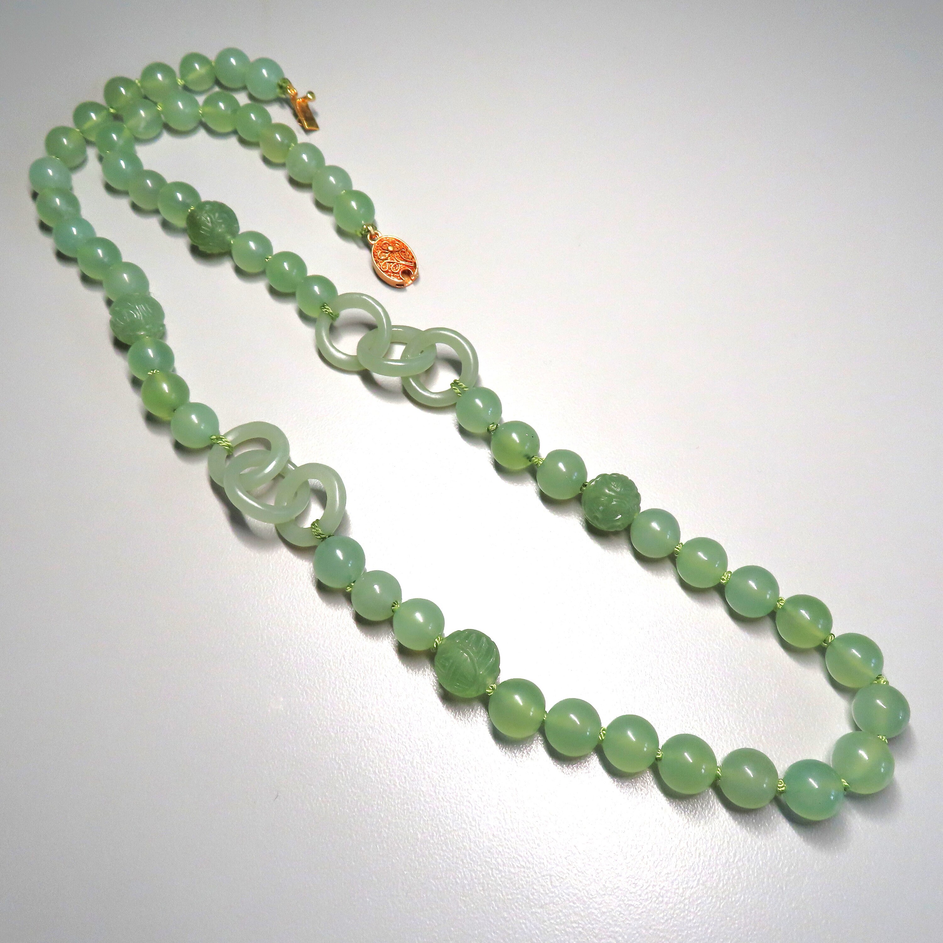 Vintage Chinese Green Translucent Jade Shou Devil's Work Necklace ...