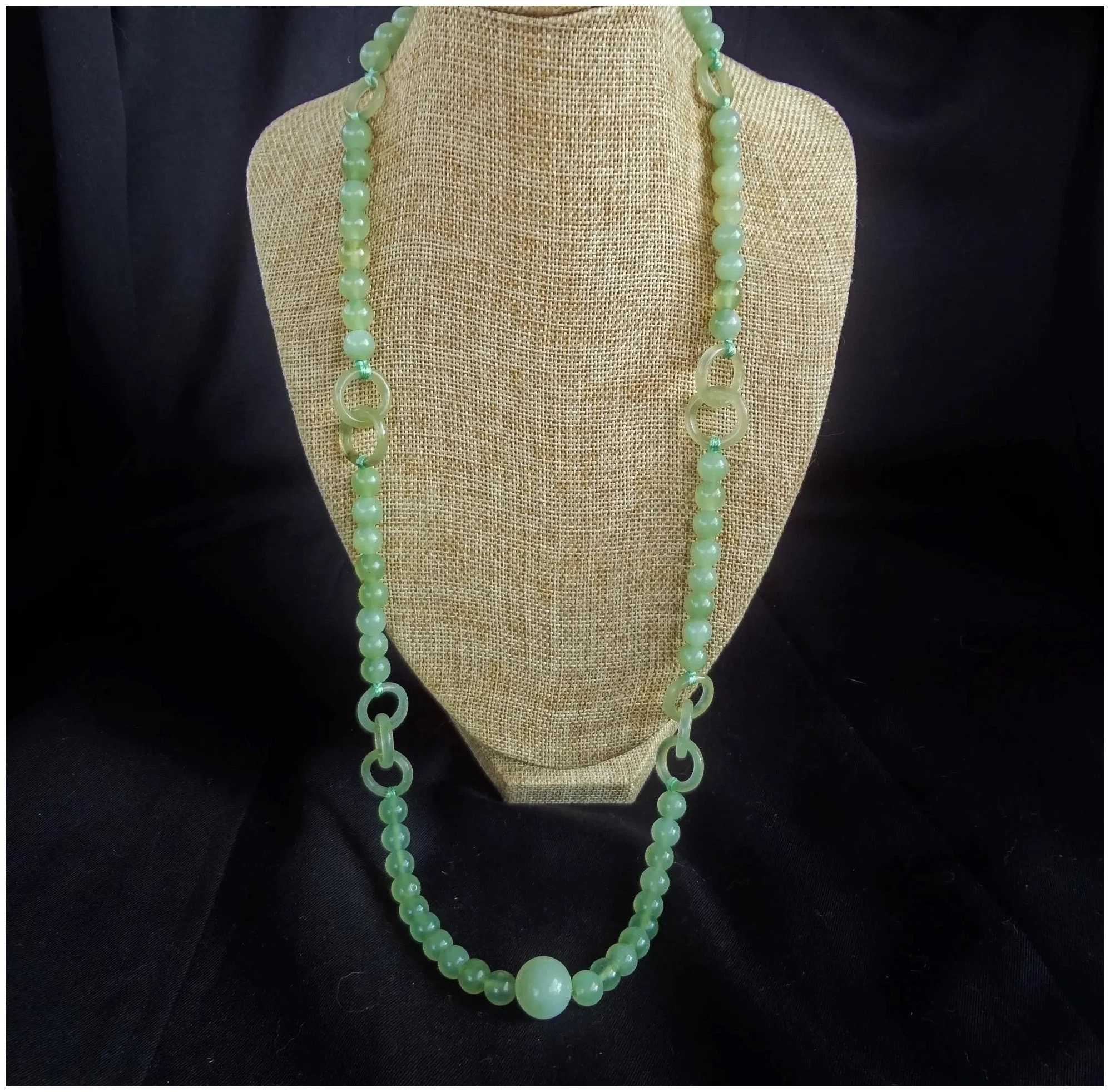 Vintage Chinese Green Translucent Jade Devil's Work Beaded Necklace 30 ...