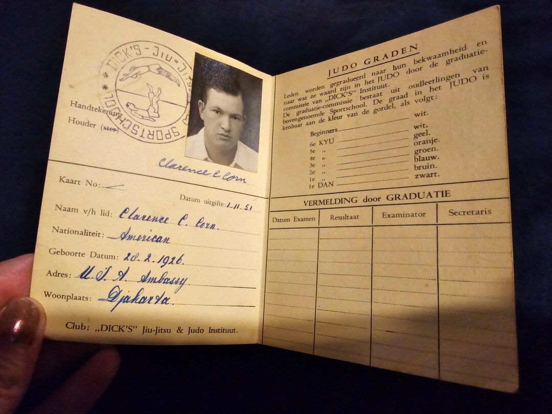 Vintage 1951 Dutch Jiu-jitsu and Judo Institute Membership Card From ...