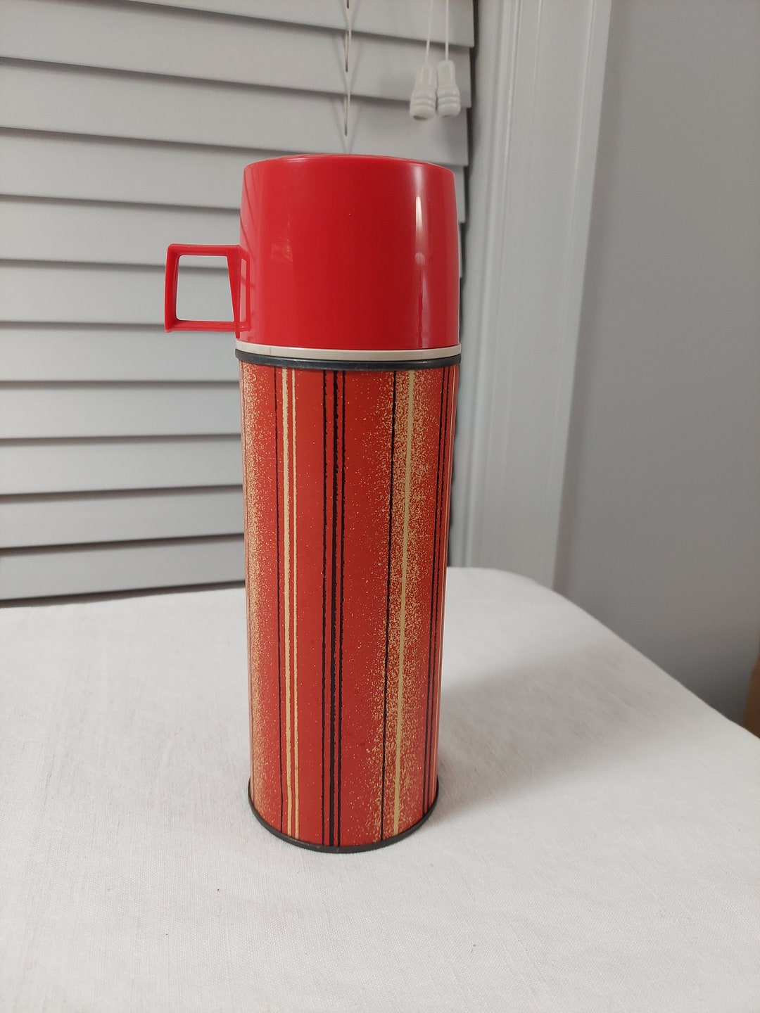 Vintage Thermos Bottle , Red and Orange Striped - Etsy