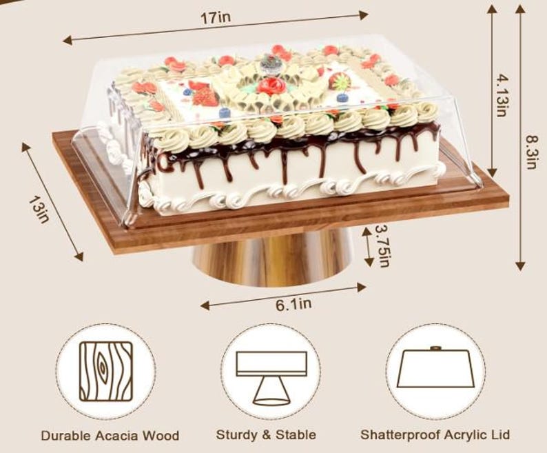 Engraved Acacia Wood Rectangle Cake Stand With Acrylic Lid, 2-in-1 ...
