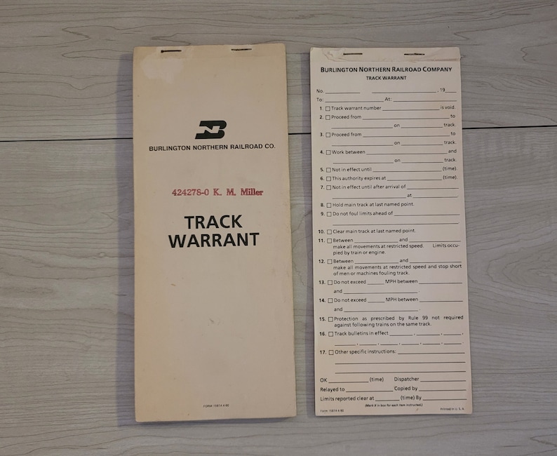 Vintage Railroad Track Warrant Slips / Burlington Northern Railroad ...
