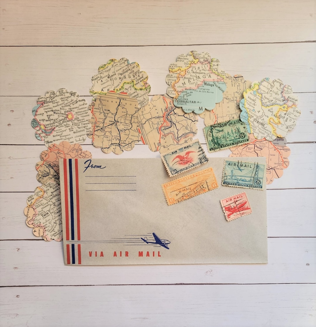 Vintage Air Mail Pack Postage Stamps Envelope Map Pieces Travel Journal ...