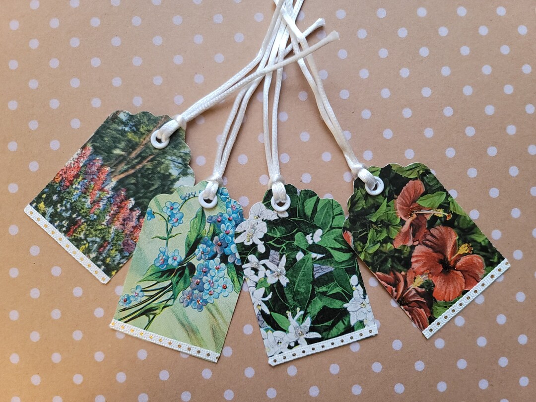 Set of Four Small Handmade Vintage Tags / Journal Tags / Flower Theme ...