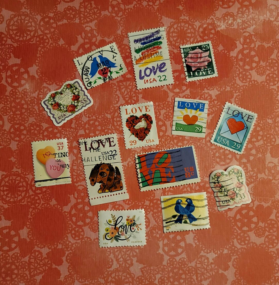 13 Used LOVE Postage Stamps Mostly Vintage Valentine Postal Ephemera ...