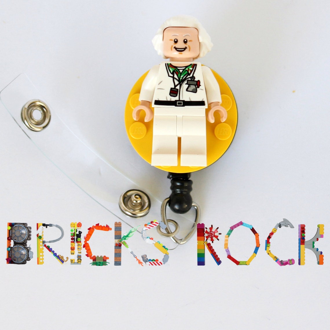 Doc Brown™ Badge Reel made with LEGO® Minifigure™ Pediatric | Etsy