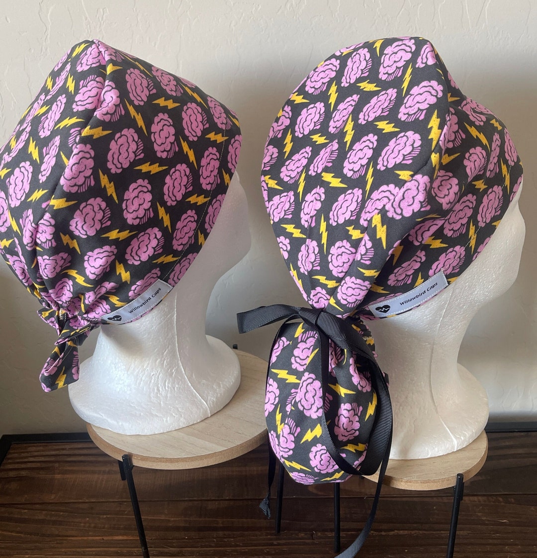 Brain Storming -scrub Cap With Ponytail Holder/ Shorthair Scrub Cap ...