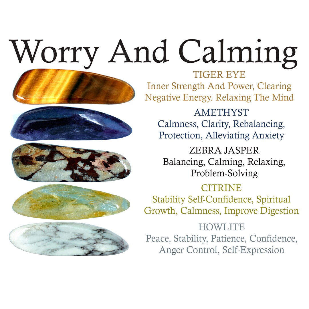 Worry and Calming Crystals Set, Tiger Eye, Amethyst, Zebra Jasper ...