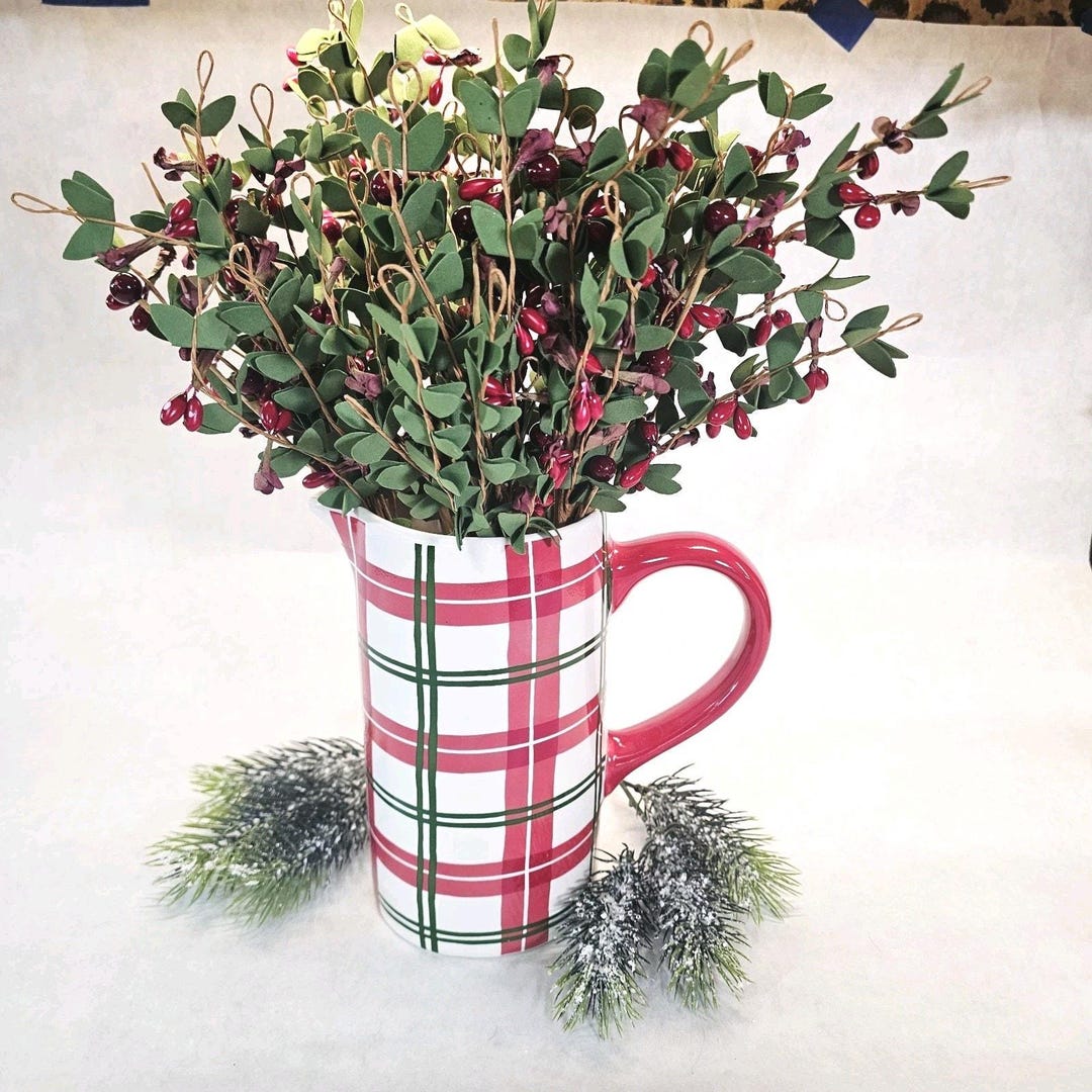 DOLLY PARTON Christmas PITCHER Red Green White Plaid Stoneware Festive ...