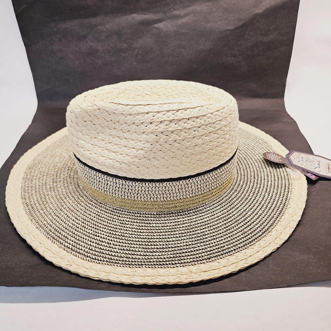 Sun & Sand Womens Wide Brim Beach Hat Straw Gold Band Trim 50 UPF ...