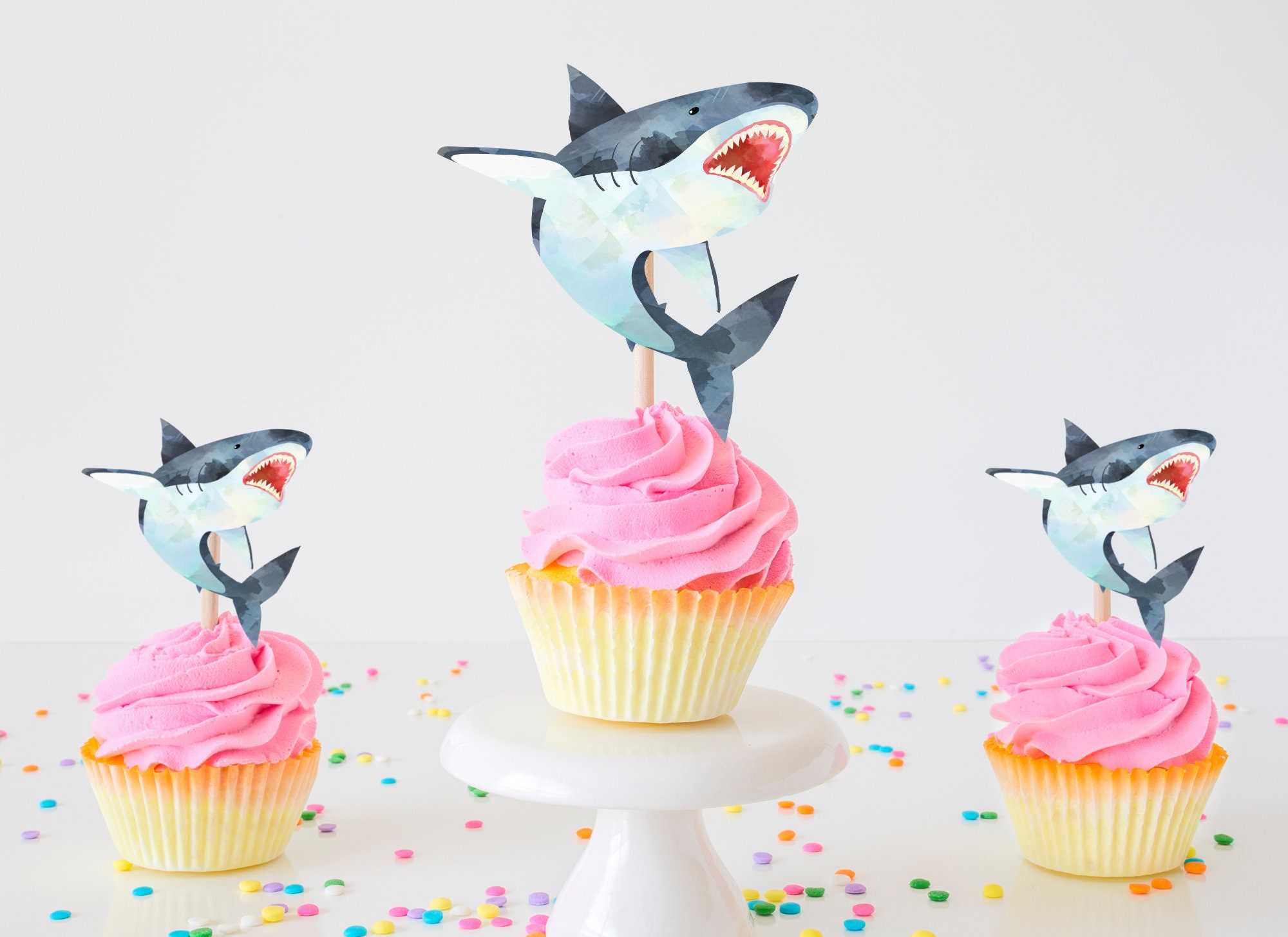 Shark Cupcake Toppers Watercolor Shark Cupcake Toppers Custom Shark ...