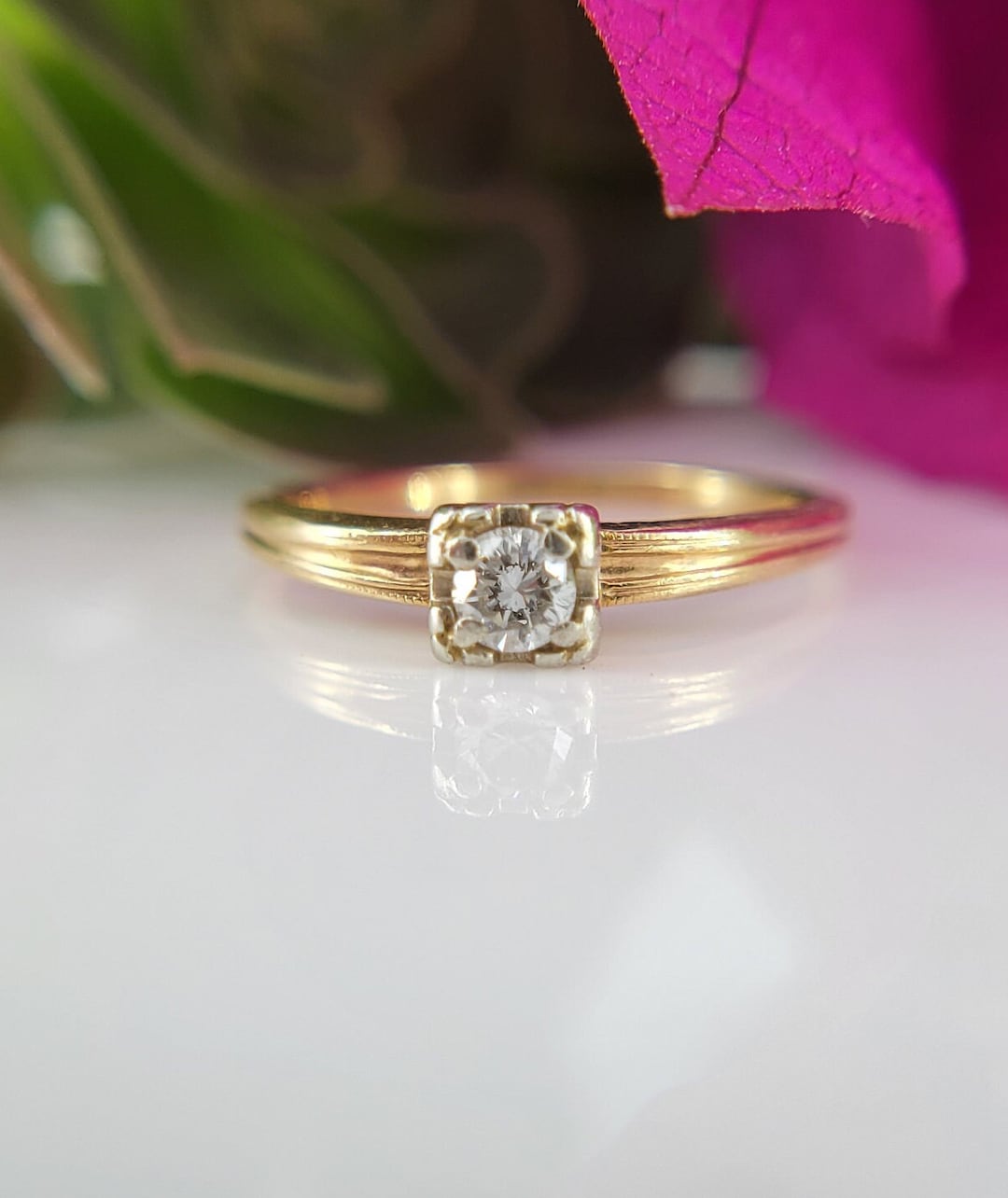 1940s - 50s Estate 14K Yellow Gold Band, .12 Ct Diamond Solitaire ...