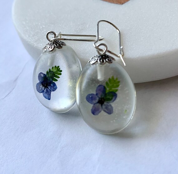 Small Forget Me Not and Fern Resin Dangle Earrings - Etsy