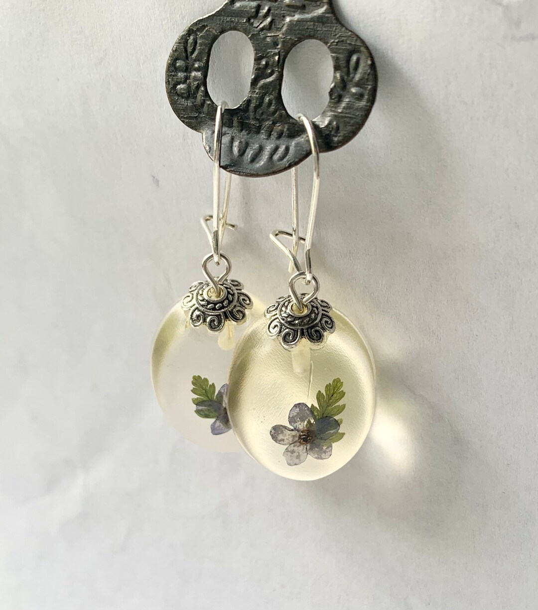 Small Forget Me Not and Fern Resin Dangle Earrings - Etsy