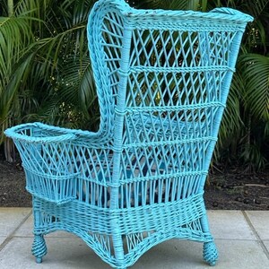 Early Turquoise Painted Wicker High Back Chair Mid Century Modern ...