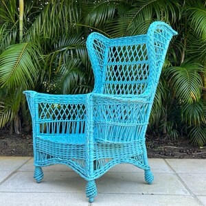 Early Turquoise Painted Wicker High Back Chair Mid Century Modern ...