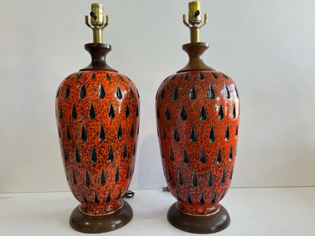Pair of Large Burnt Orange and Black Ceramic Lamps Mid Century Modern ...