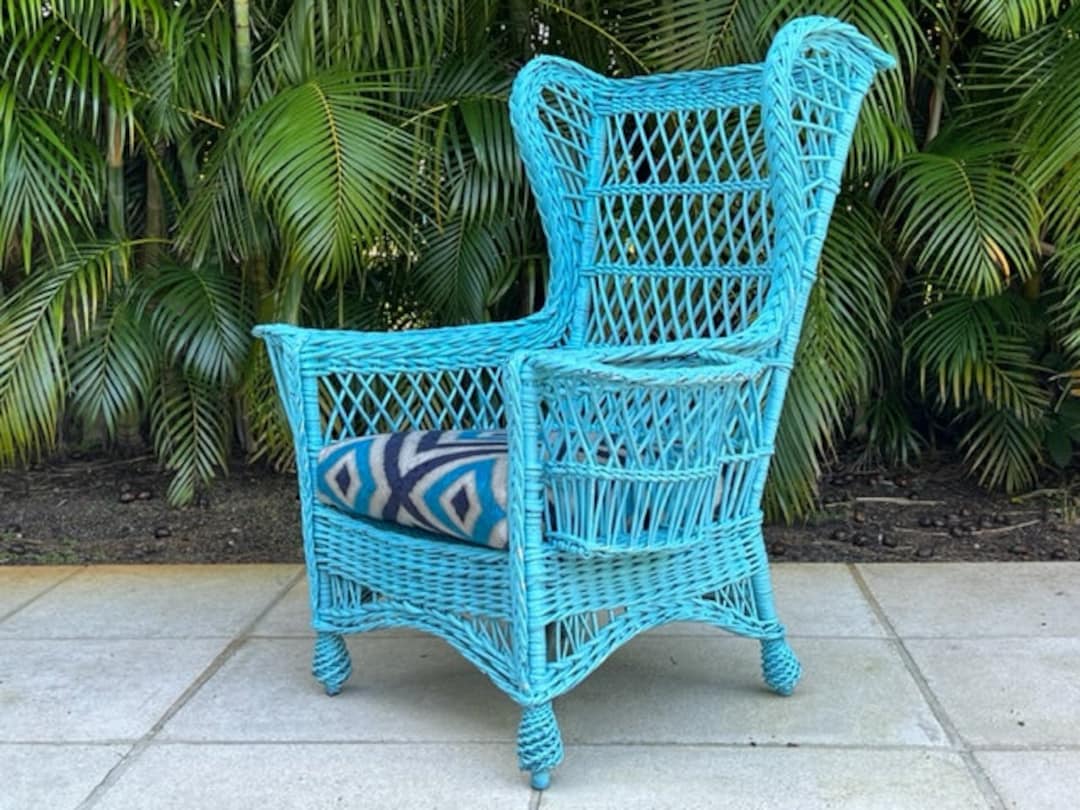 Early Turquoise Painted Wicker High Back Chair Mid Century Modern ...